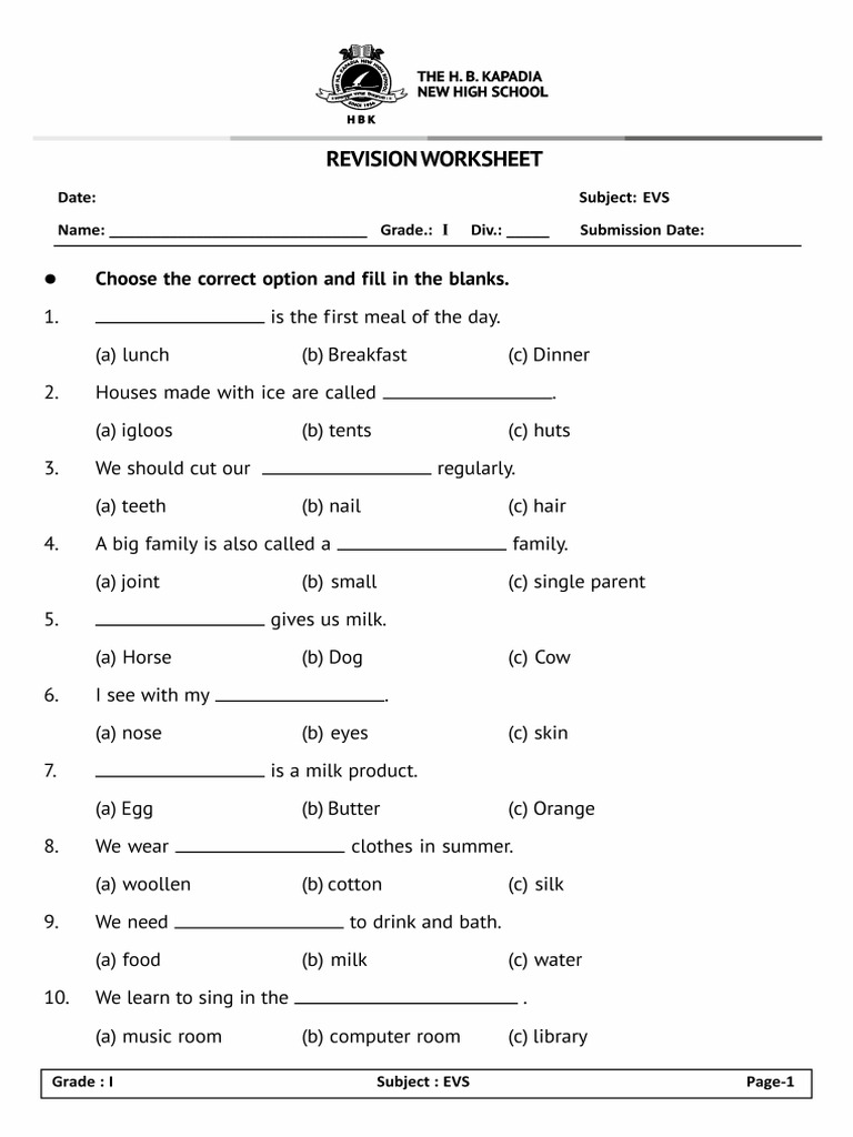Grade 1 - Evs Revision Worksheet - 1909 | PDF