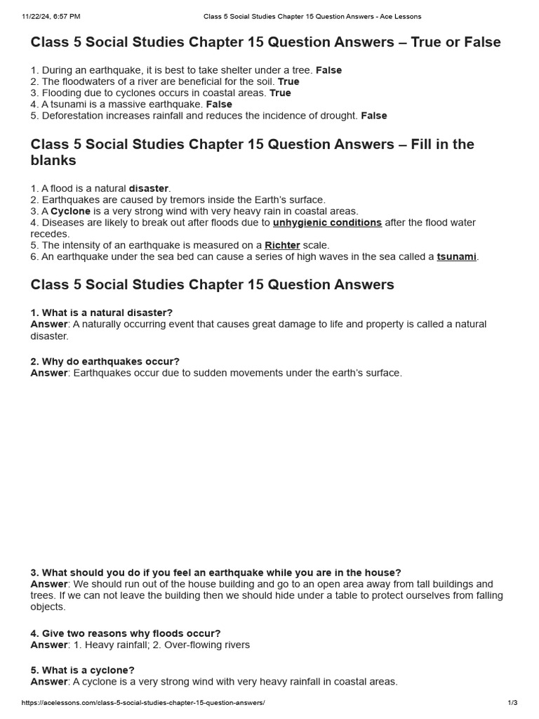 Class 5 Social Studies Chapter 15 Question Answers - Ace Lessons | PDF | Flood | Tsunami