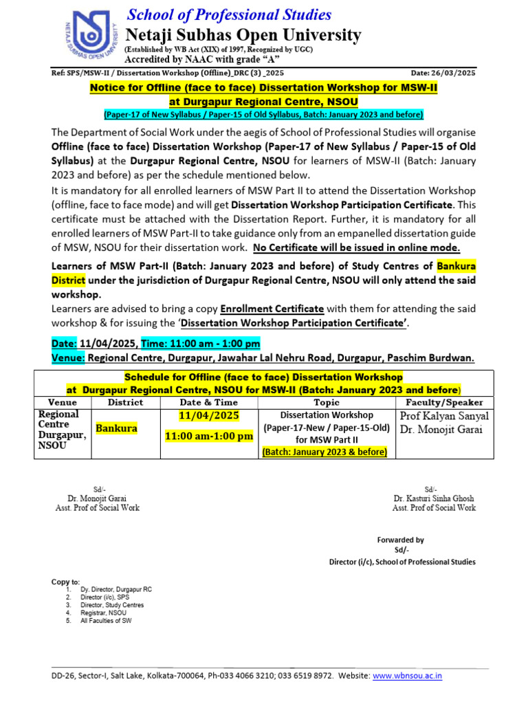 Notice Dissertation Workshop Bankura DRC | PDF