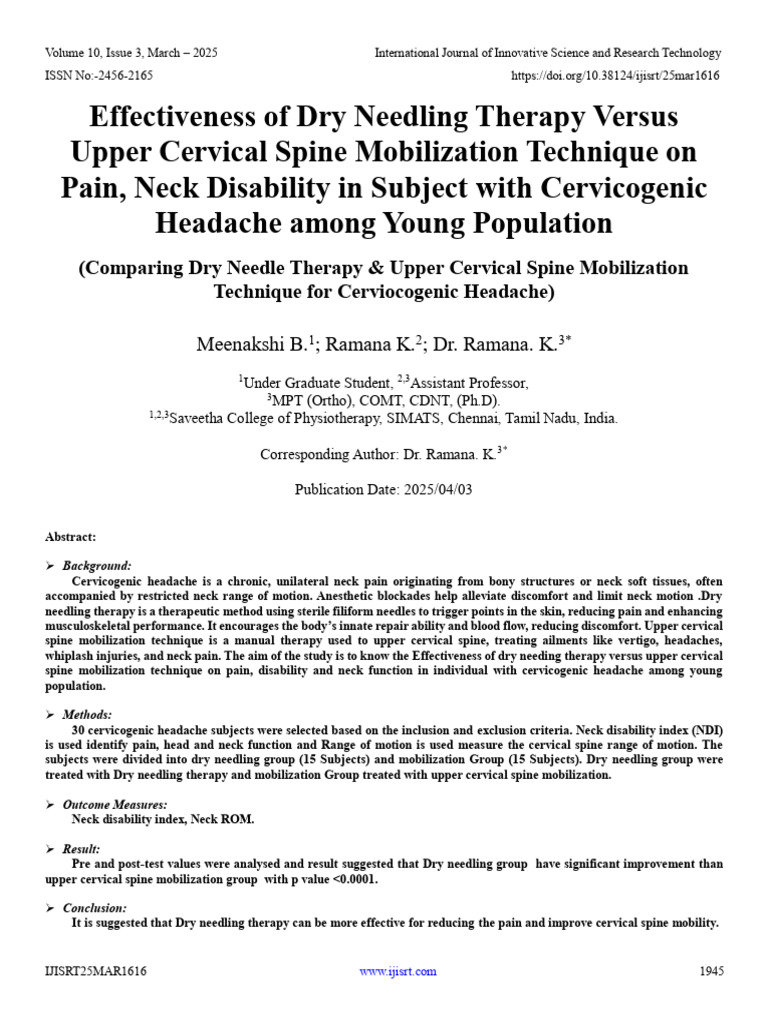 Effectiveness of Dry Needling Therapy Versus Upper Cervical Spine ...