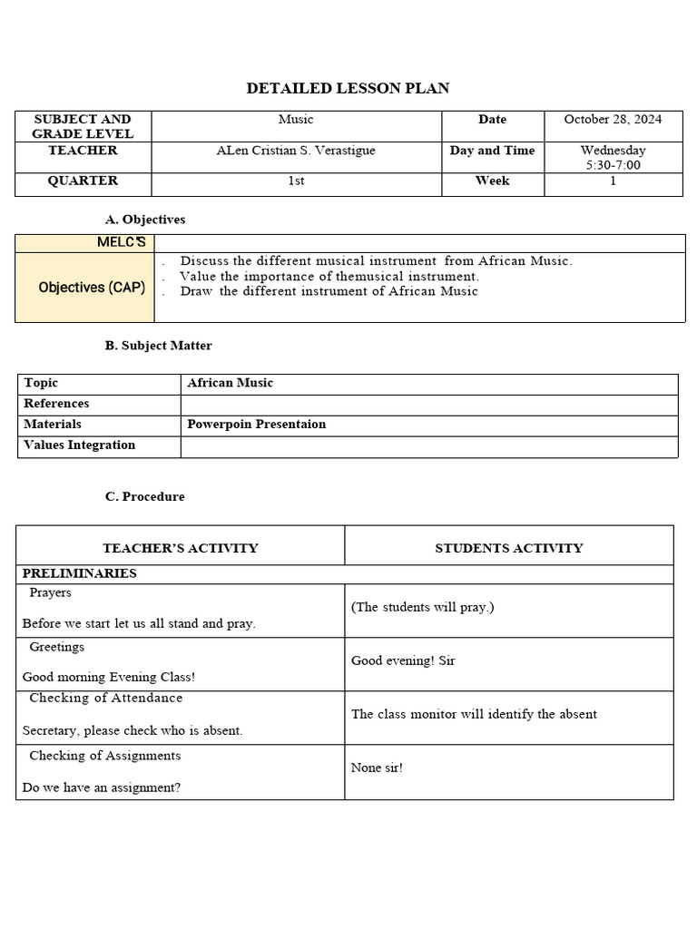 African Music Instruments Lesson Plan | PDF | Musical Instruments | Drum