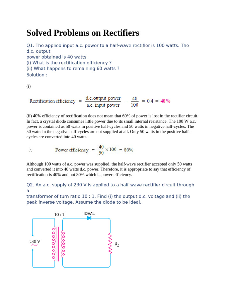 Solved Problems on Rectifiers | PDF | Rectifier | Diode
