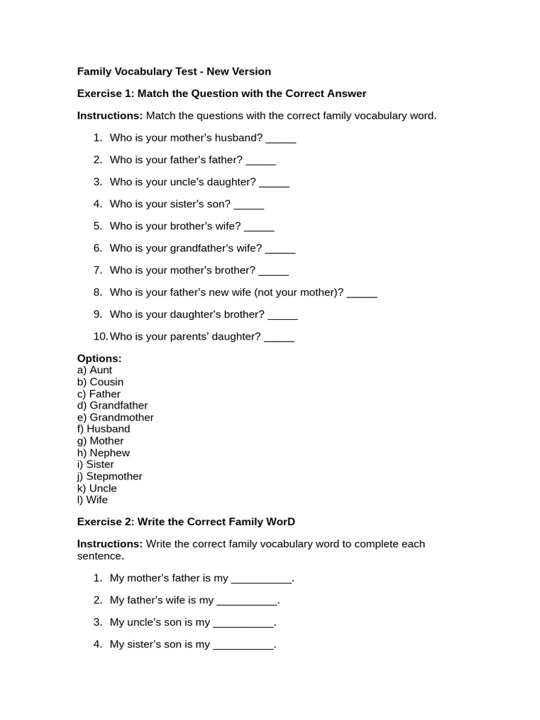 Family Vocabulary Test-EXAM 2 VOCABULARY 2 | PDF