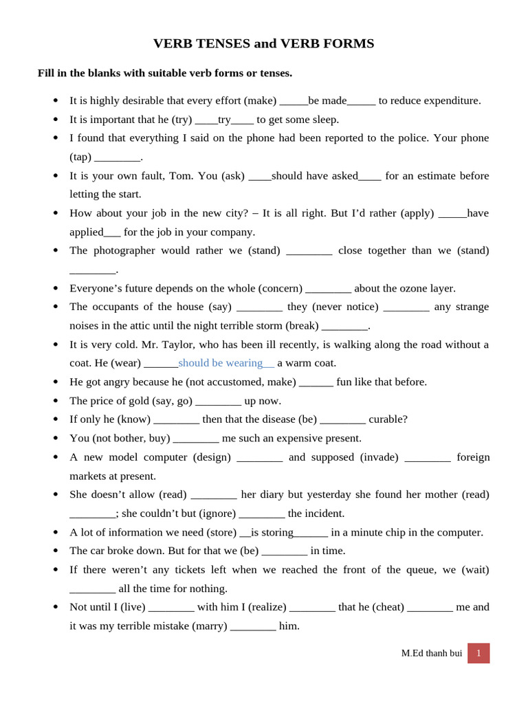 2019 Grammar Exercise Verb Forms and Tenses | PDF