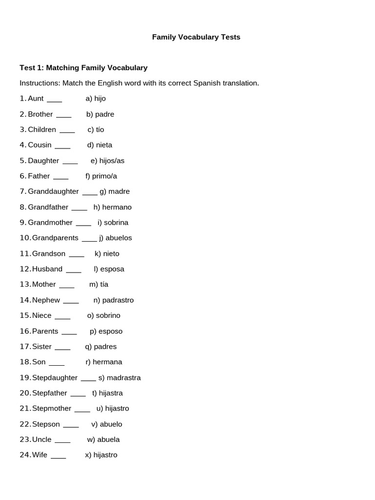 Spanish Family Vocabulary Quiz | PDF | Grandparent | Stepfamily