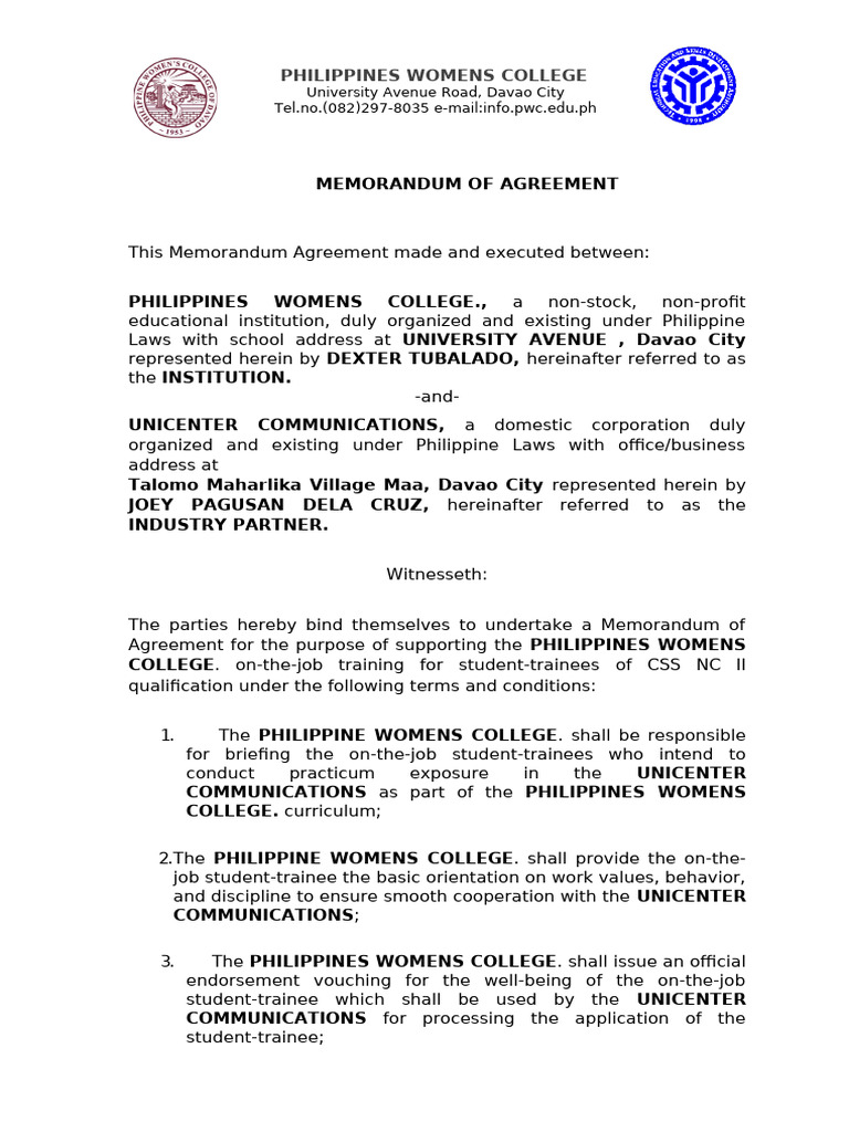 Tulabing Memorandum-Of-Agreement PWC | PDF | Civil Law (Legal System ...