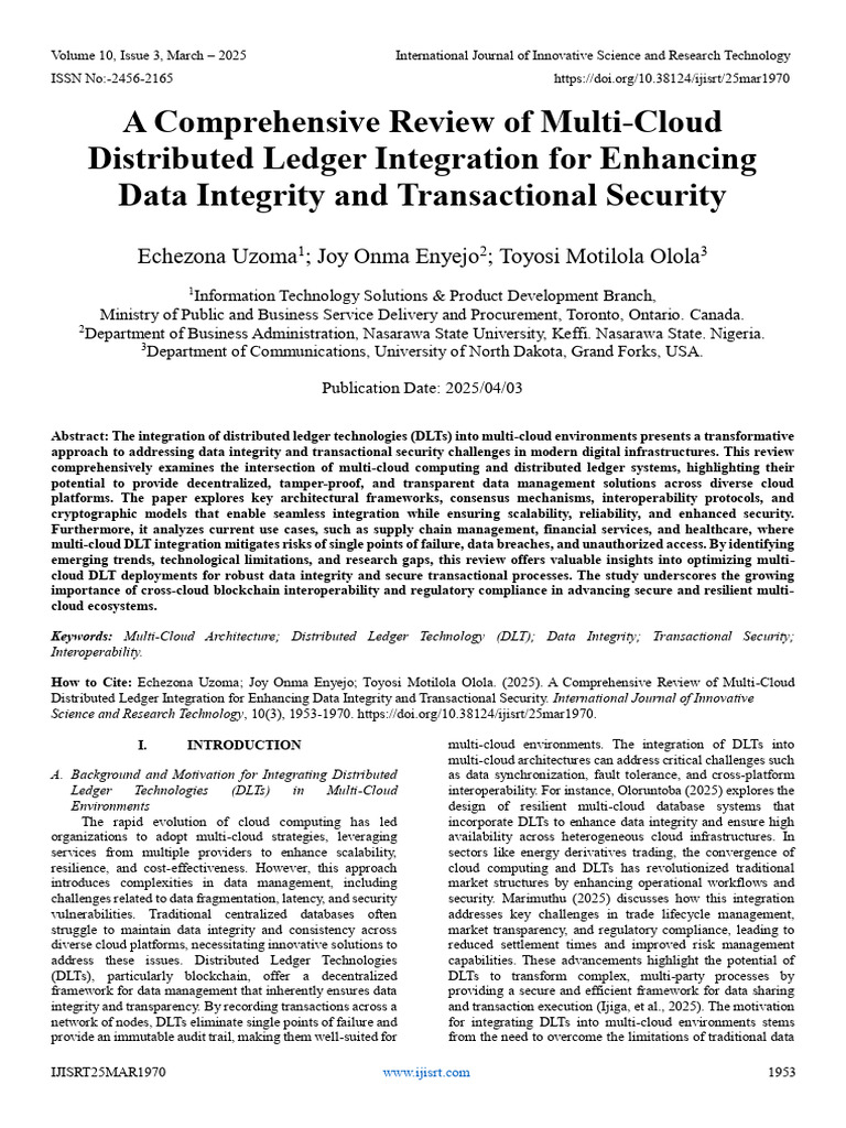 A Comprehensive Review of Multi-Cloud Distributed Ledger Integration for Enhancing Data ...
