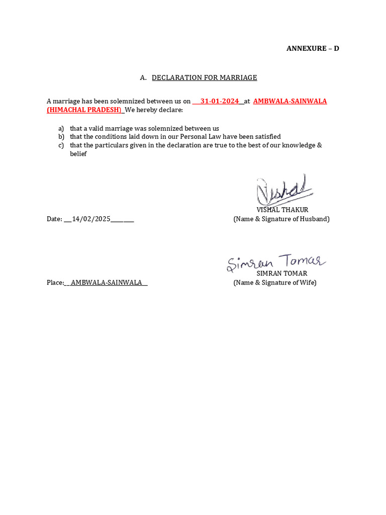 Marriage Declaration Form Template | PDF