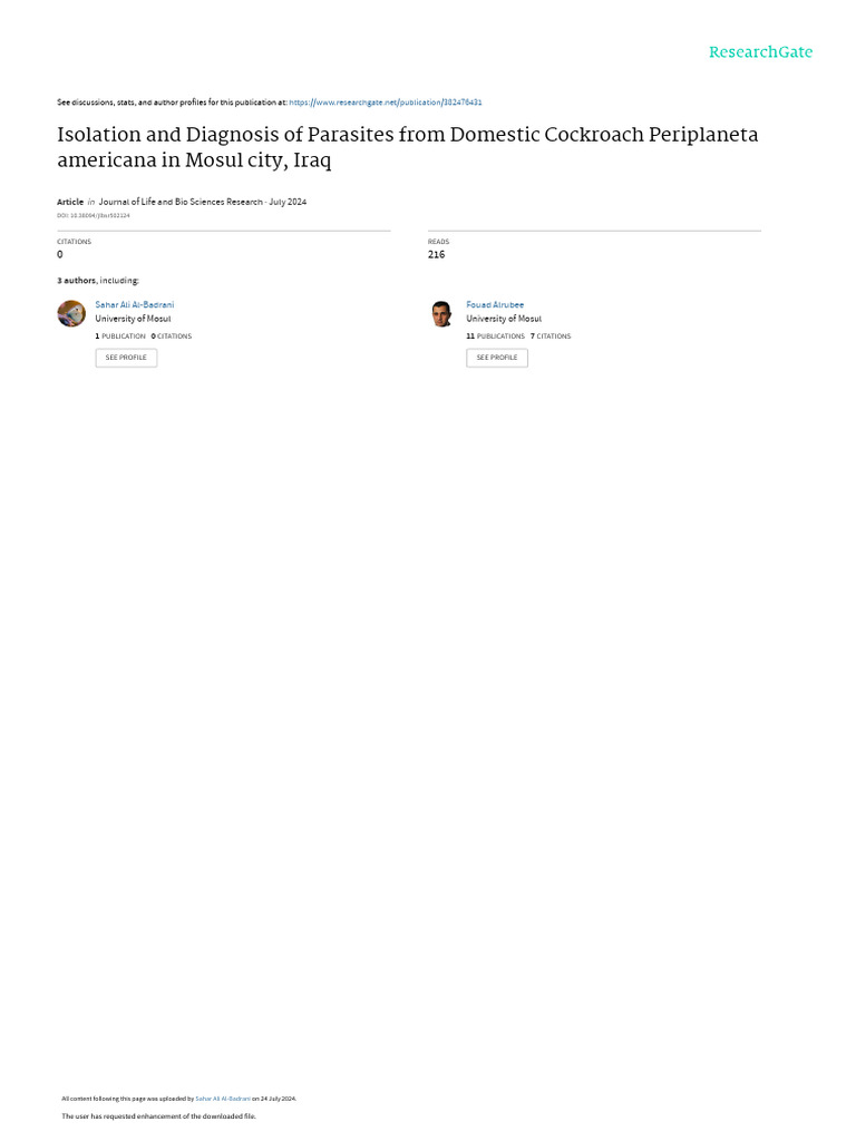 Isolation and Diagnosis of Parasites From Domestic Cockroach ...