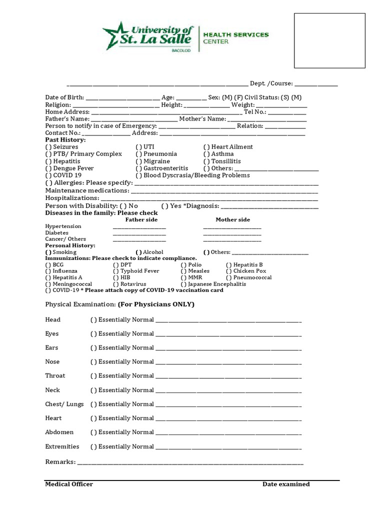 Physical Examination Form | PDF | Pneumonia | Pediatrics