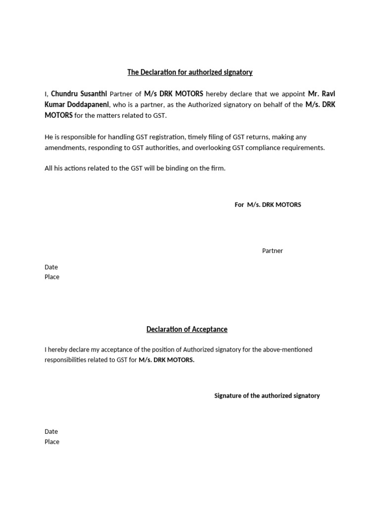 Authorized Signatory Declaration for GST | PDF
