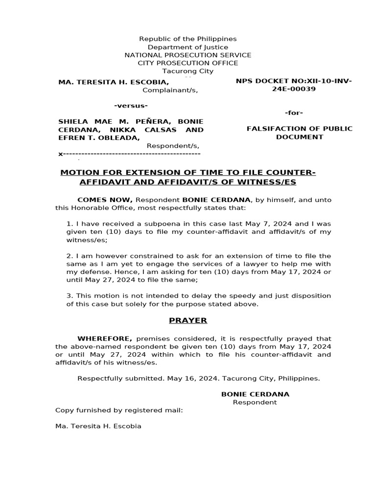 Motion for Extension by Bonie Cerdana | PDF