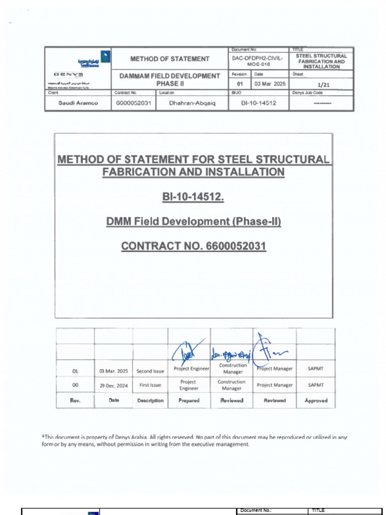 Method of Statement For Steel Structural Fabrication and Installation ...