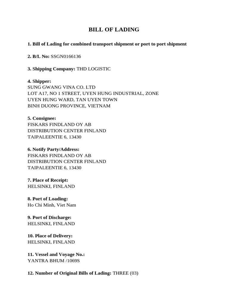Bill of Lading for Yantra Bhum Shipment | PDF
