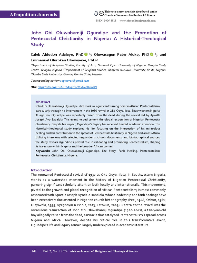 Ogundipe's Role in Nigerian Pentecostalism | PDF | Pentecostalism ...