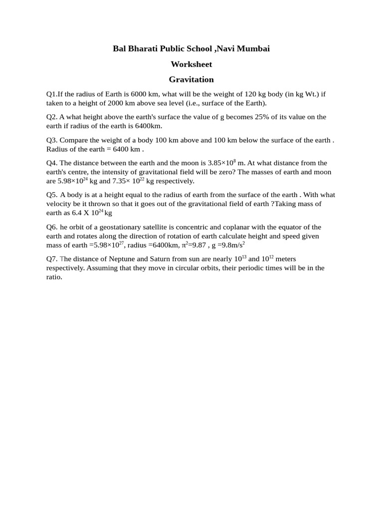 Worksheet 1-Gravitation | PDF