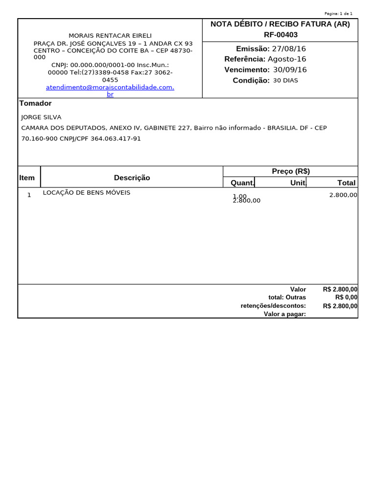 Nota Debito Recibo Fatura Locacao Bens Moveis | PDF