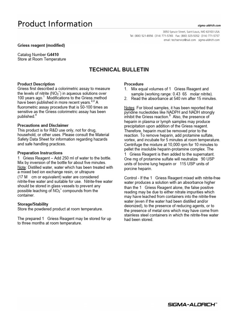 Modified Griess Reagent Technical Bulletin | PDF | Precipitation ...