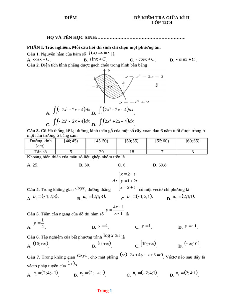 đề kiểm tra giữa kì 2 lớp 12c4 | PDF