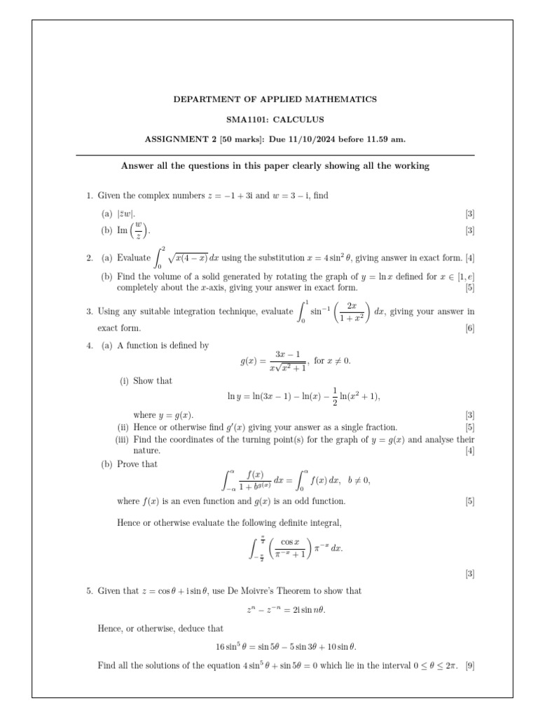 Assignment Two 2024-August (Original) | PDF | Integral | Function (Mathematics)