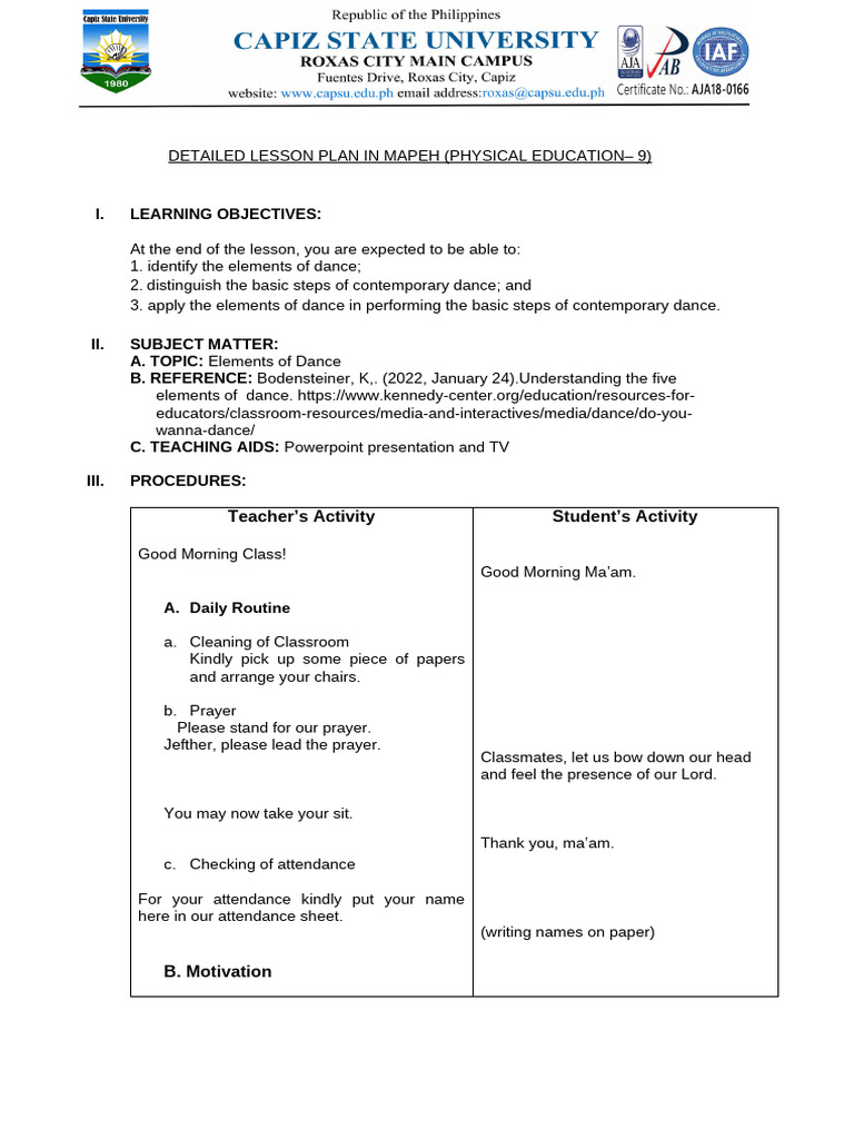 FS 103-P.E-Lesson Plan | PDF | Dances | Rhythm