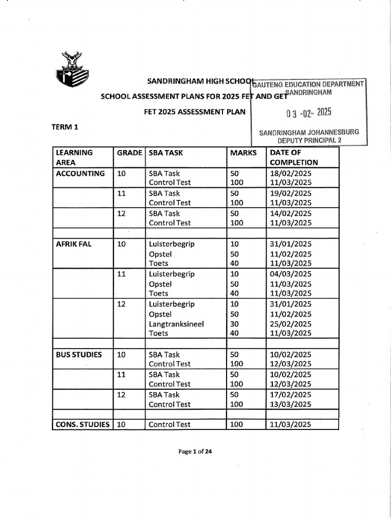 School Assessment Plan - 2025 - Shs | PDF