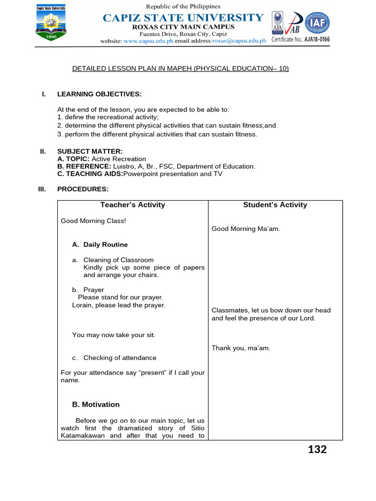 Active Recreation Lesson Plan for PE 10 | PDF | Physical Fitness ...