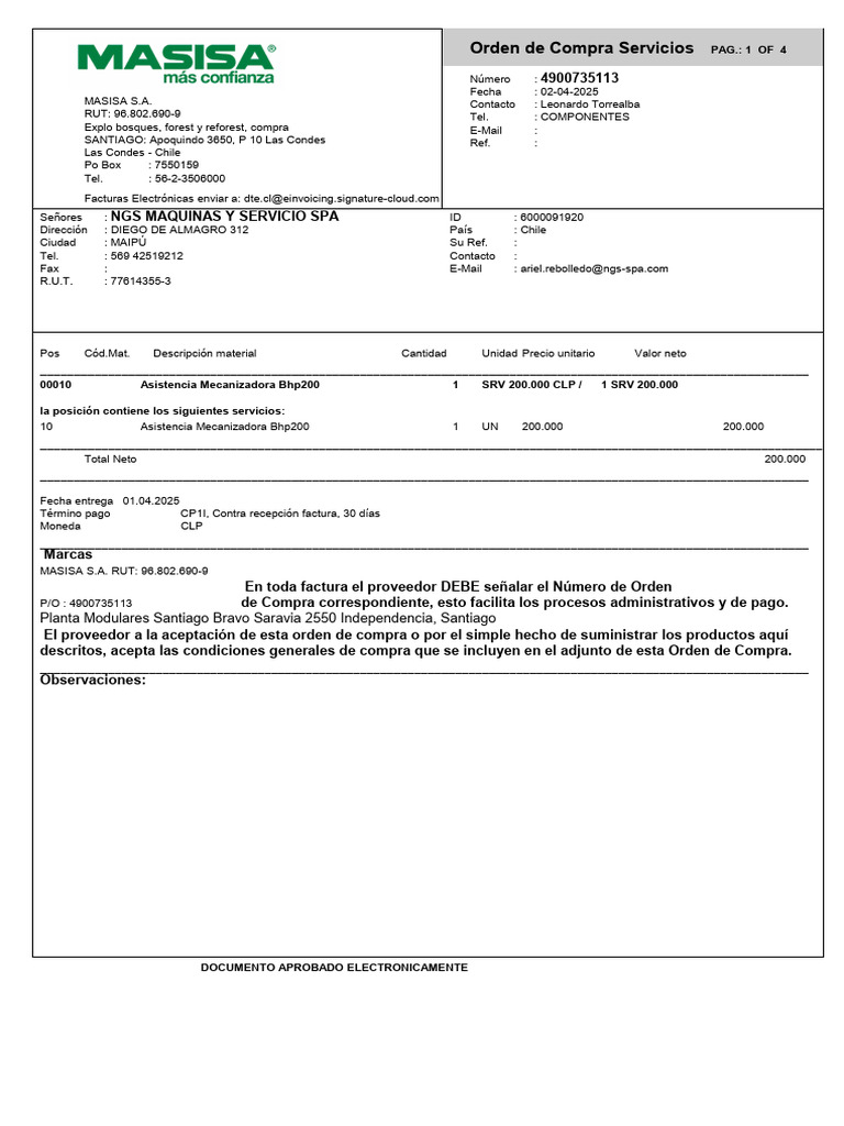 Orden de Compra Servicios: PAG.: 1 OF 4 | PDF | Pagos | Daños y perjuicios