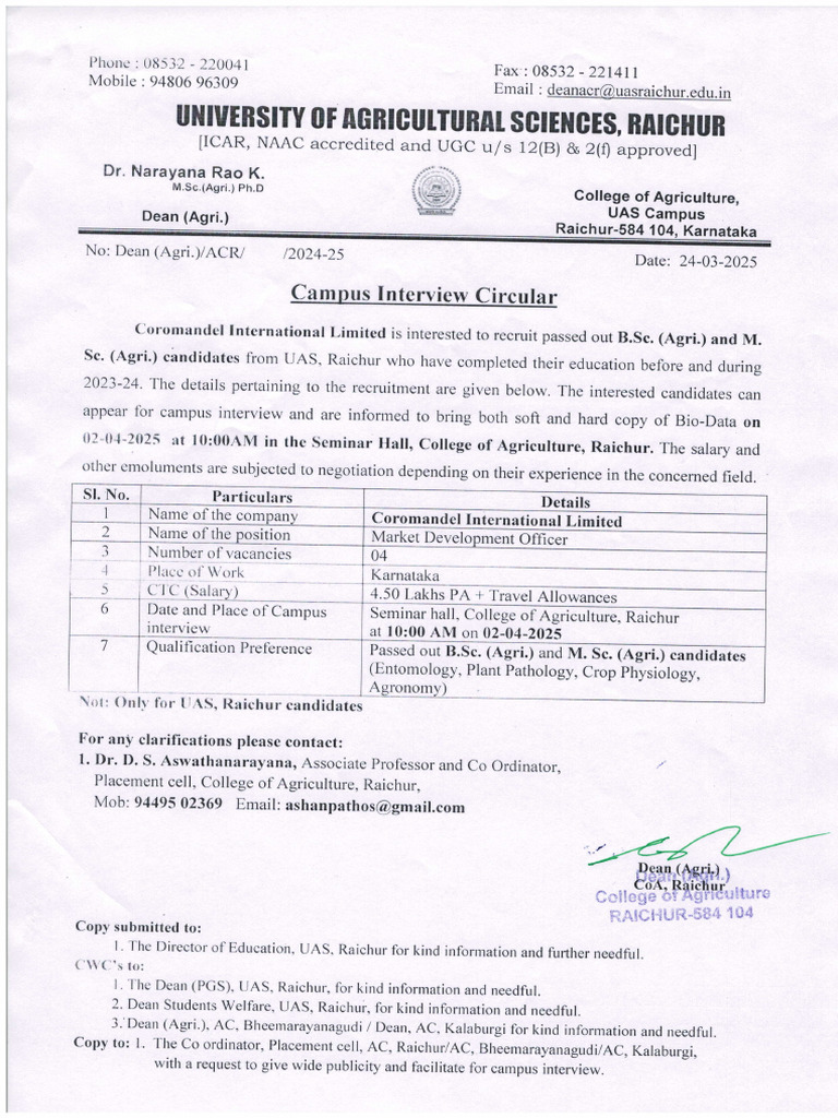 Campus Interview Circular - Coromandel International Ltd. 2025 (Market Development Officer) | PDF