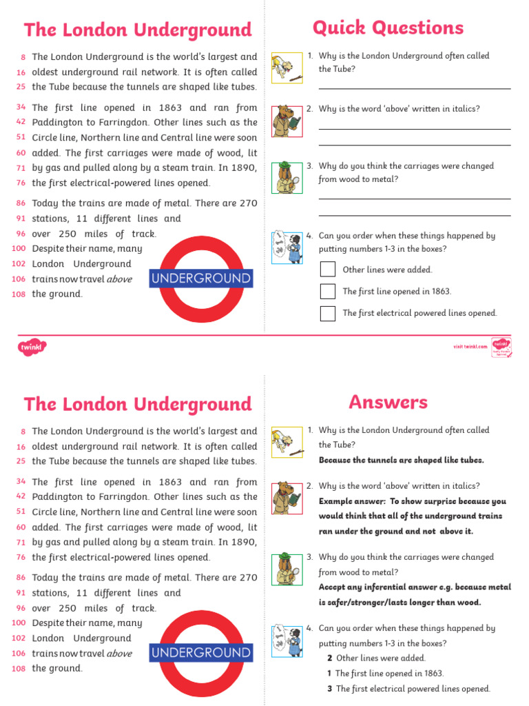 Additional Practice - London Underground Reading Comprehension (With ...