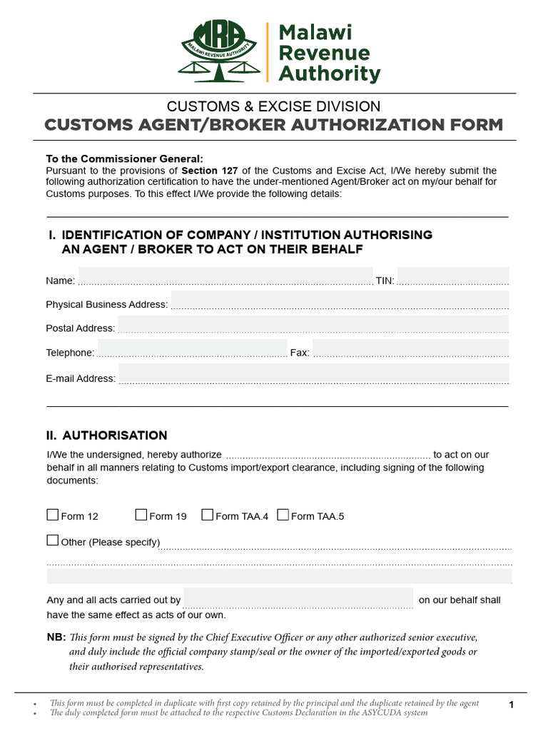Customs Agent/Broker Authorization Form | PDF | Customs | Government
