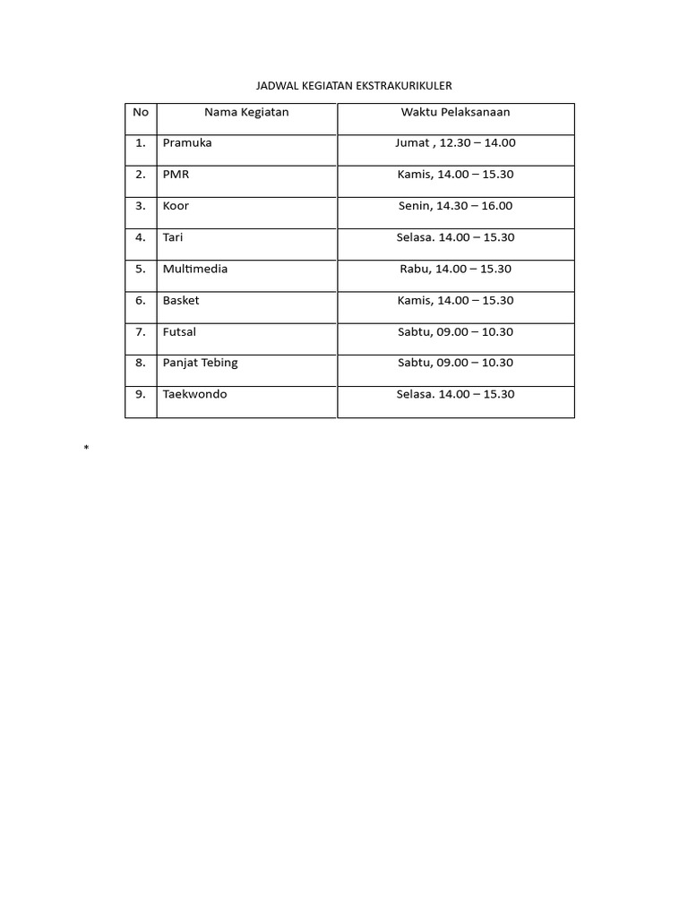 Jadwal Kegiatan Ekstrakurikuler 2023 | PDF