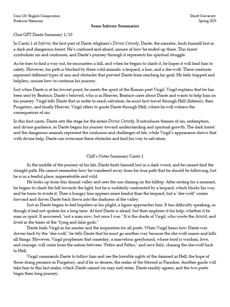 Dante's Inferno Canto 1 Summary | PDF | Divine Comedy | Dante Alighieri