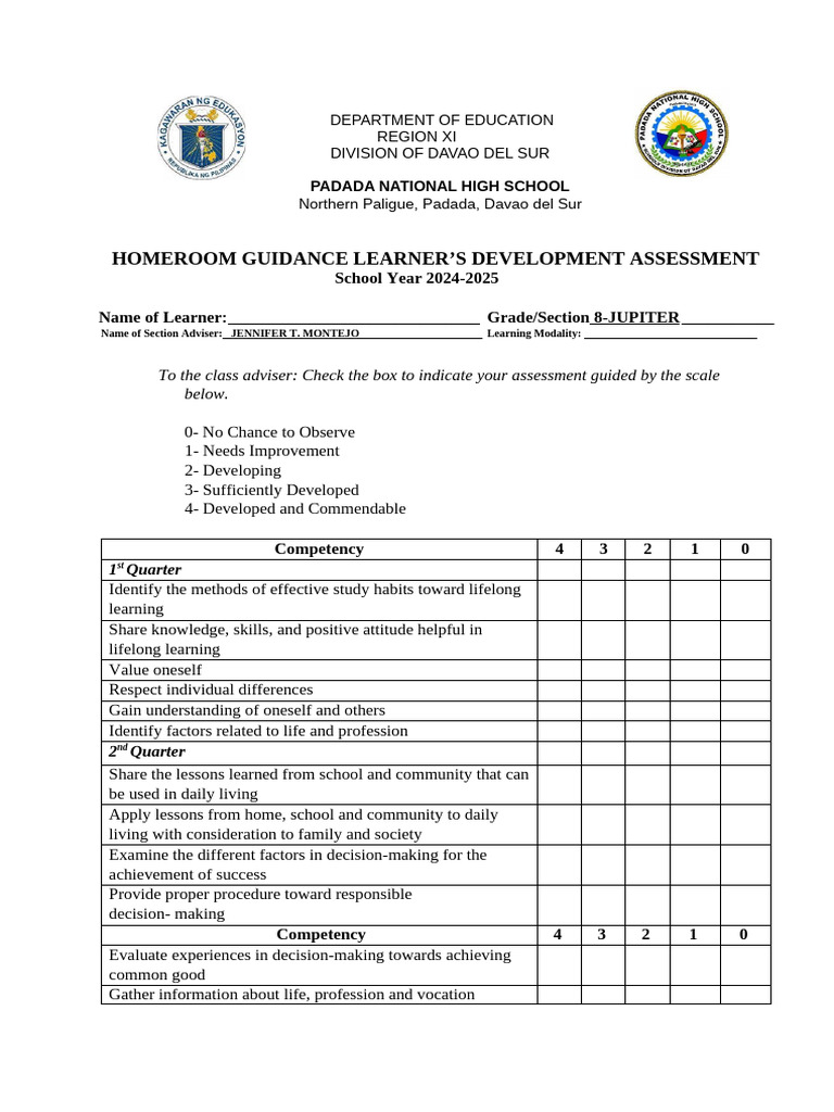 HOMEROOM GUIDANCE LEARNERS DEVELOPMENT ASSESSMENT Junior hIGH SCHOOL ...