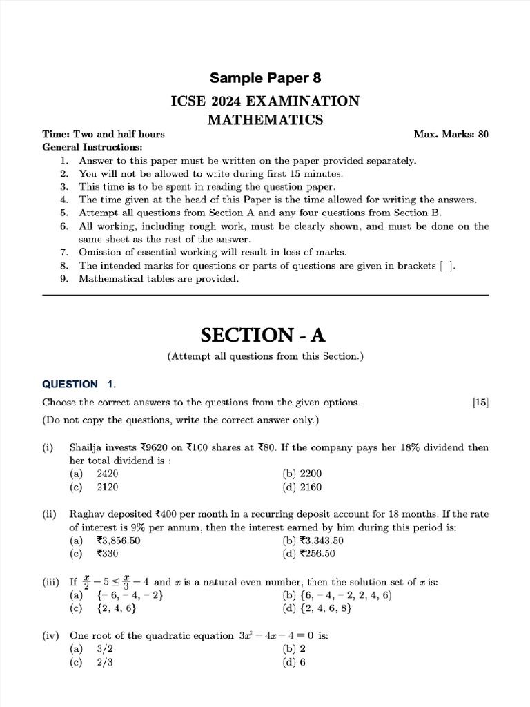 Maths Sample Paper 8 | PDF