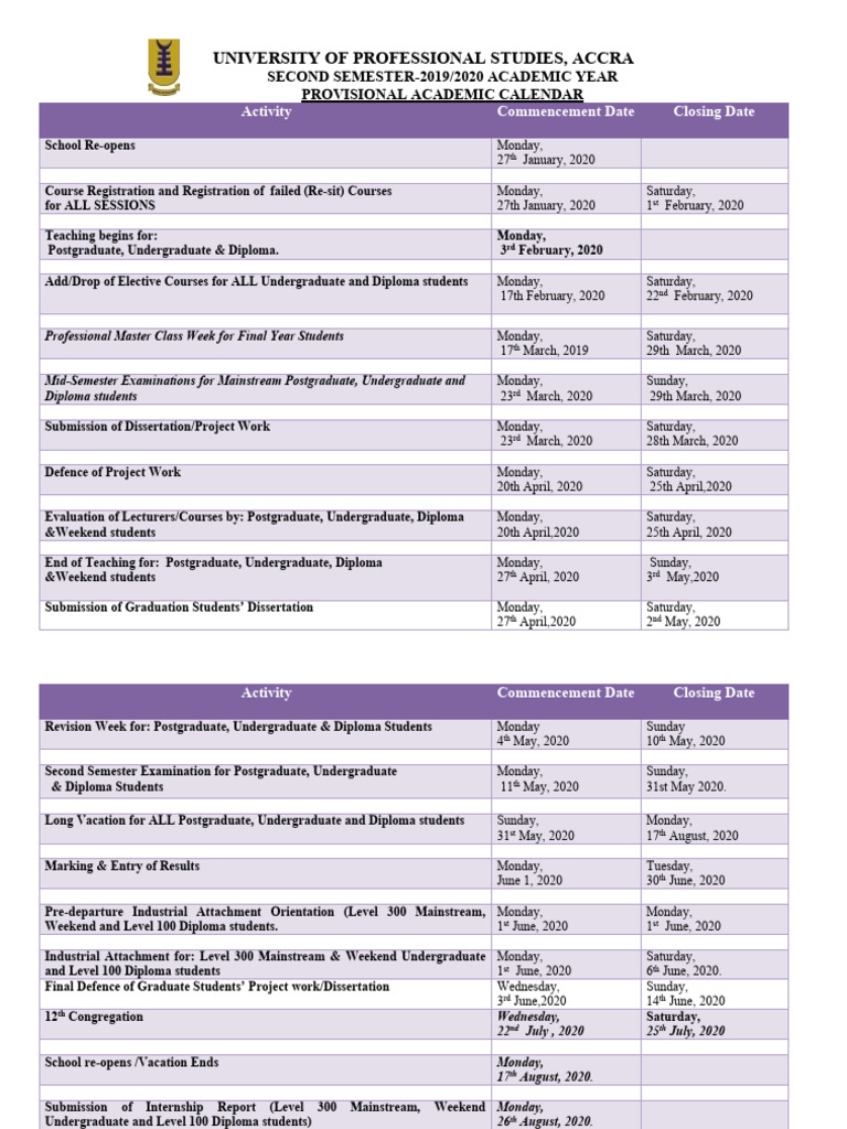 Second Semester Academic Calendar 2020 | PDF | Academic Term ...