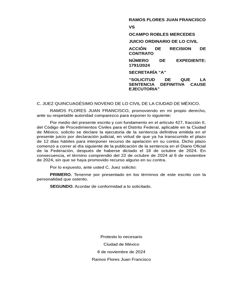 Solicitud de Que La Sentencia Definitiva Cause Ejecutoria | PDF