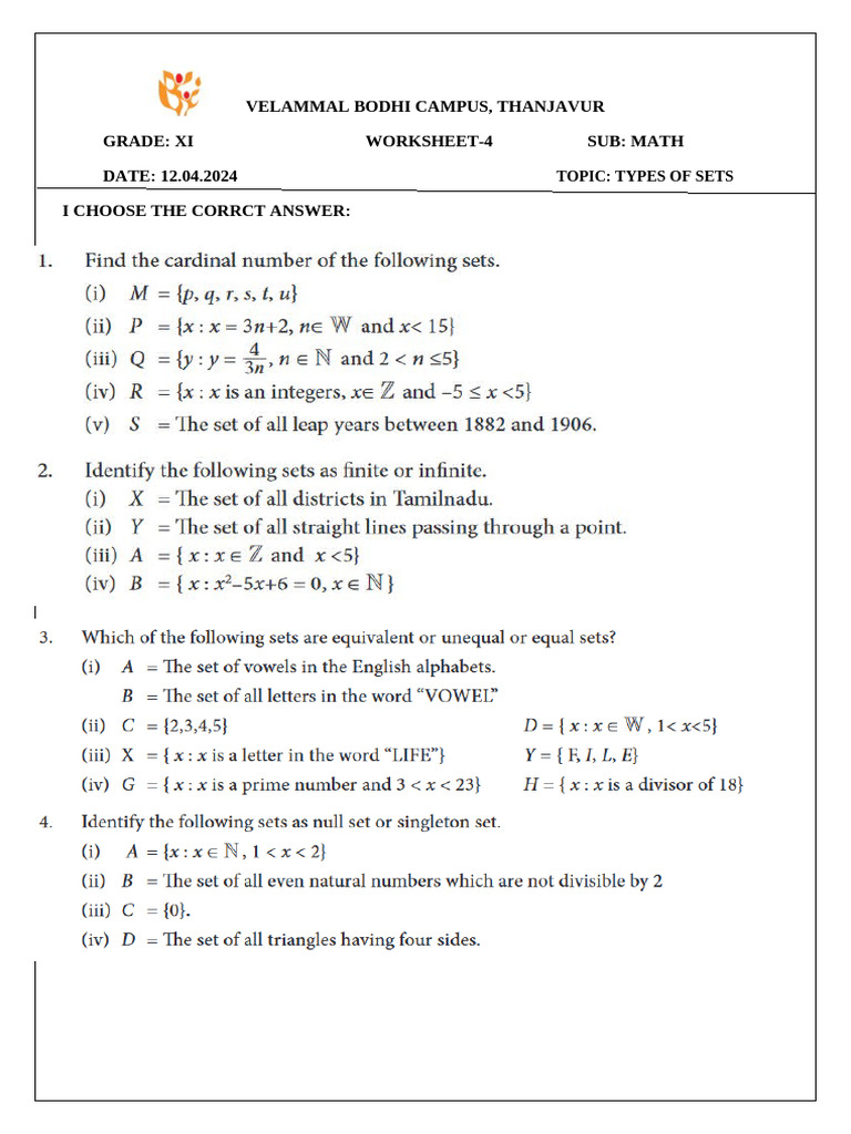 Class 11 Maths Worksheet on Sets | PDF