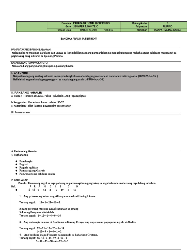 BANGHAY ARALIN SA FILIPINO Final (AutoRecovered) | PDF