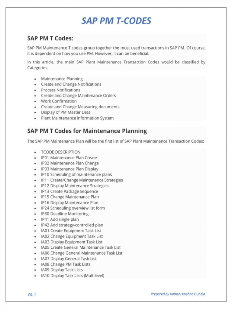 Sap Plant Maintenance Important Transaction Codes | PDF