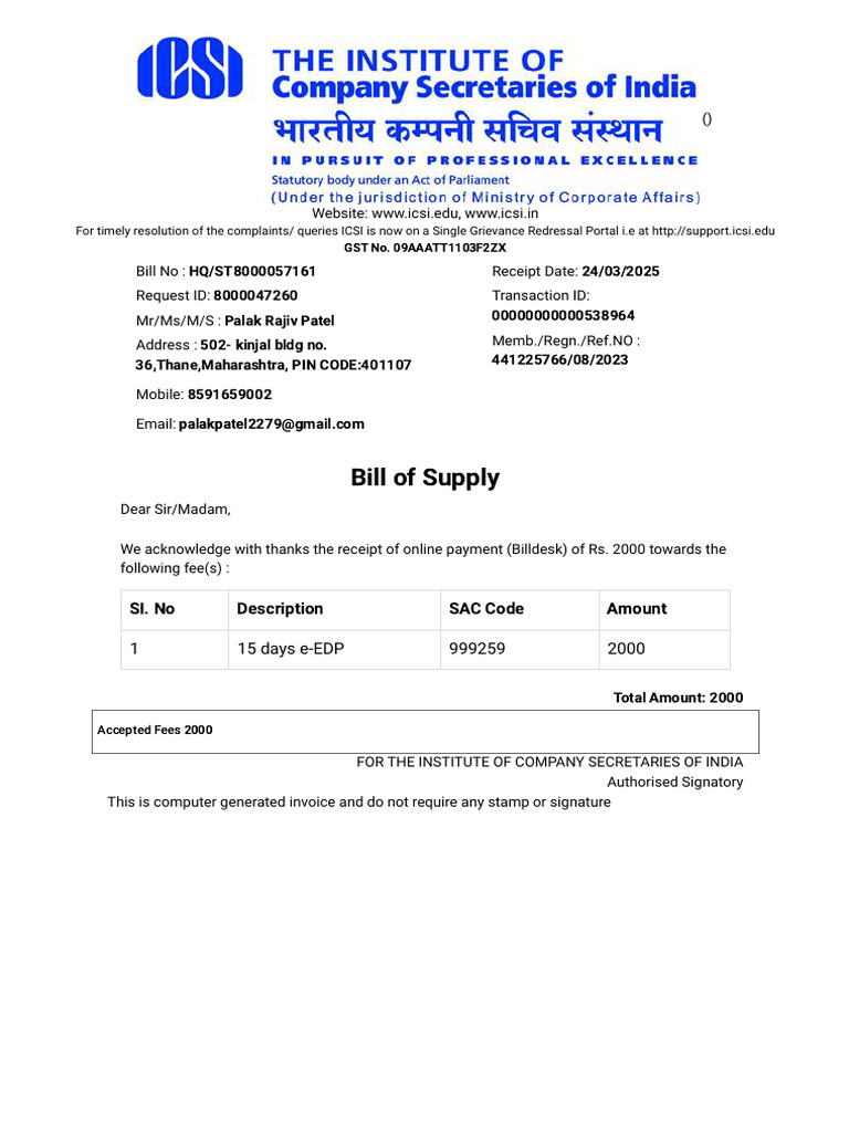 Billdesk Payment Receipt for ICSI | PDF