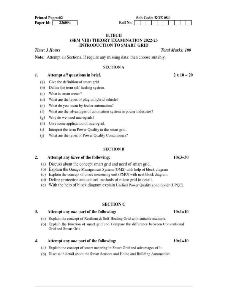 Btech Oe 6 Sem Introduction To Smart Grid Koe 084 2023 | PDF | Electrical Grid | Smart Grid