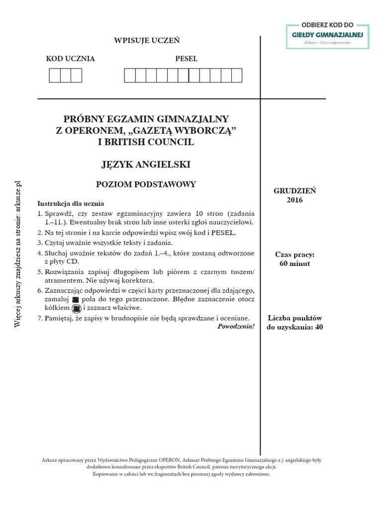 Jezyk Angielski Podstawowy 2016 Egzamin Gimnazjalny Operon | PDF