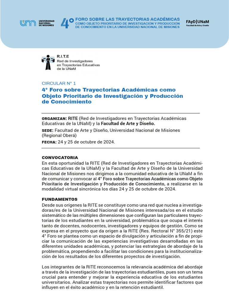 Circular 1 - 4to Foro Sobre Trayectorias Académicas | PDF | Conocimiento | Aprendizaje