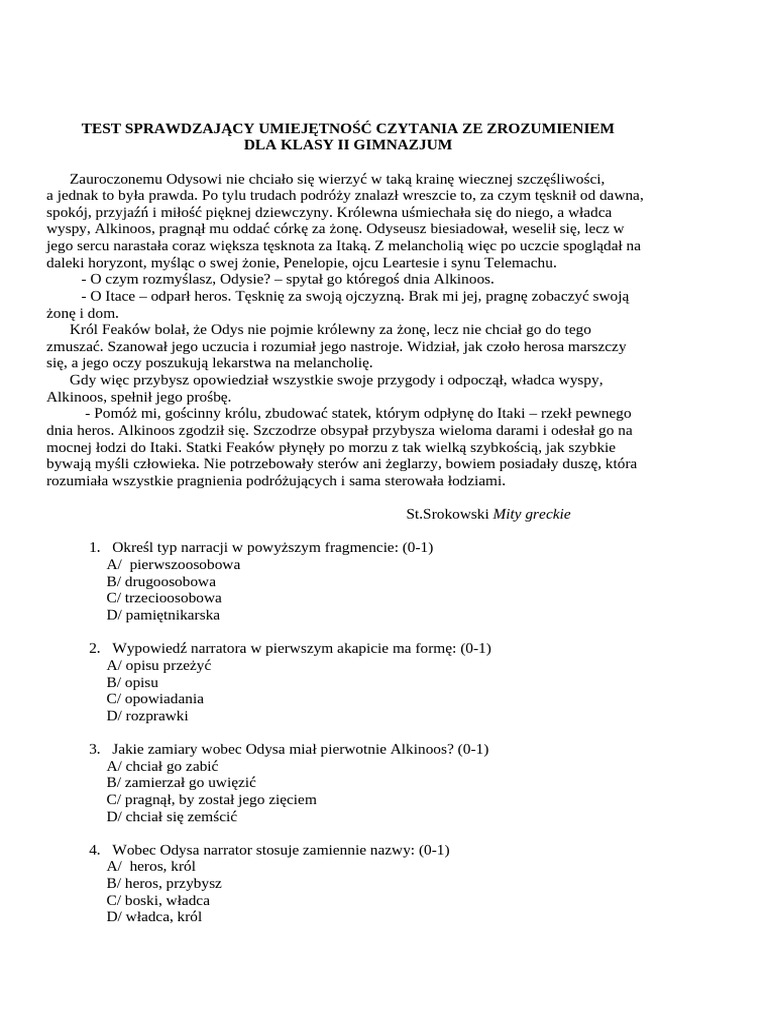 Test Sprawdzający Umiejętność Czytania Ze Zrozumieniem | PDF