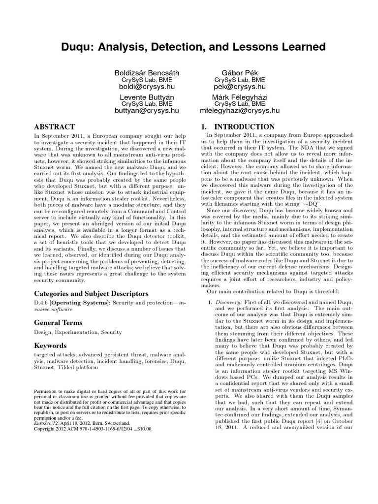 Duqu Analysis, Detection, and Lessons Learned | PDF | Malware | Antivirus Software