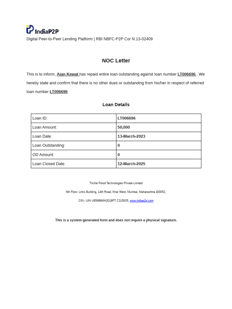 Loan Closure Confirmation for LT006696 | PDF