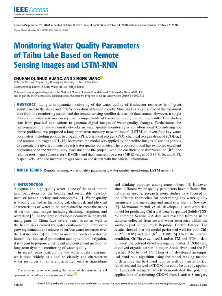 Monitoring Water Quality Parameters of Taihu Lake Based On Remote Sensing Images and LSTM-RNN ...