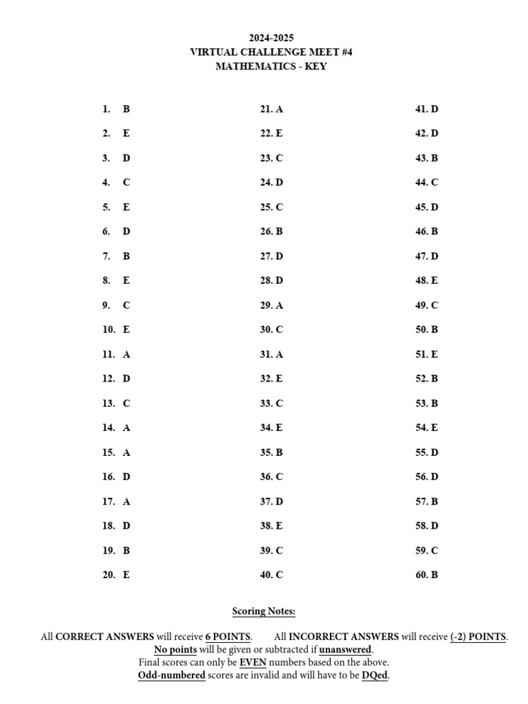 2024-2025 Virtual Math Challenge Key | PDF