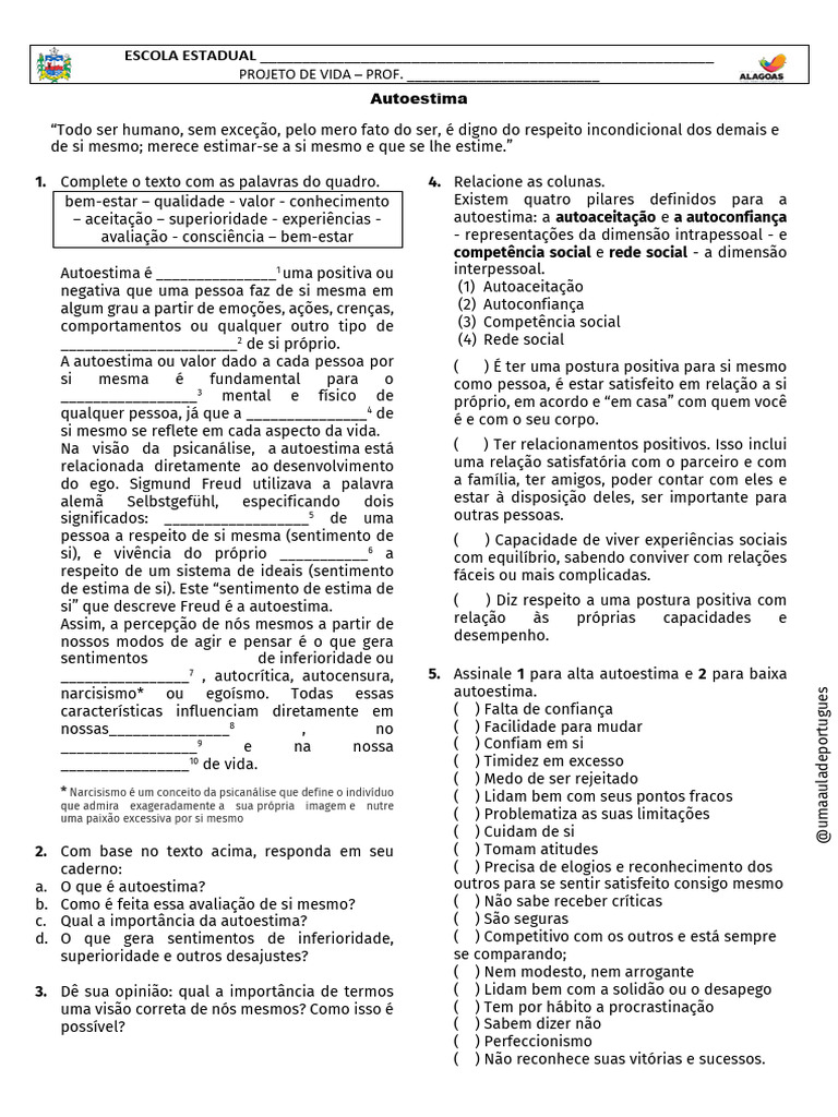 Autoestima - Texto e Atividade | PDF | Autoestima | Psicologia